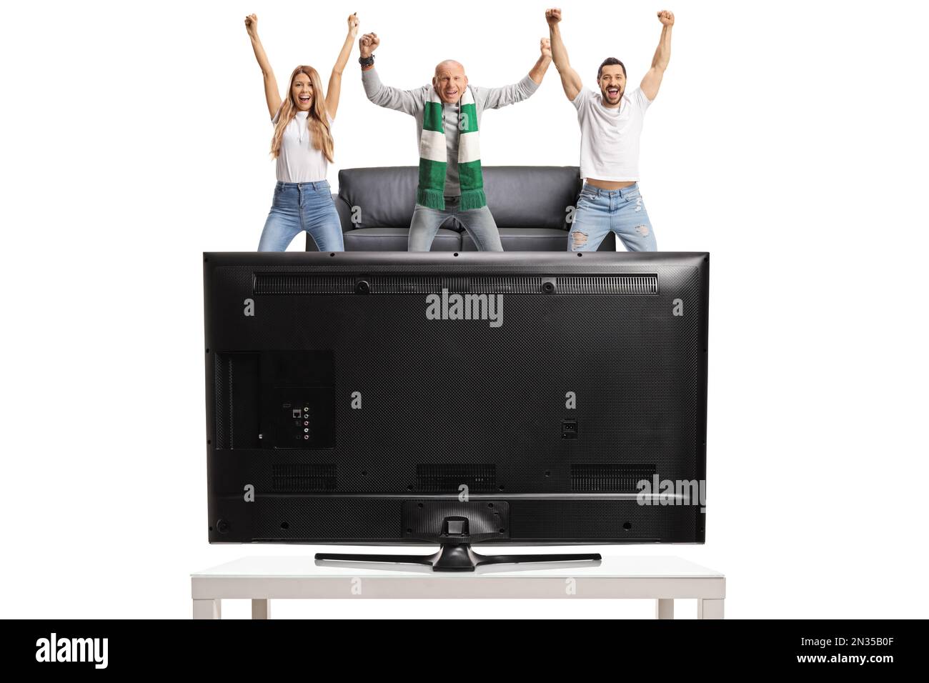 Group of happy people cheering and watching tv isolated on white ...