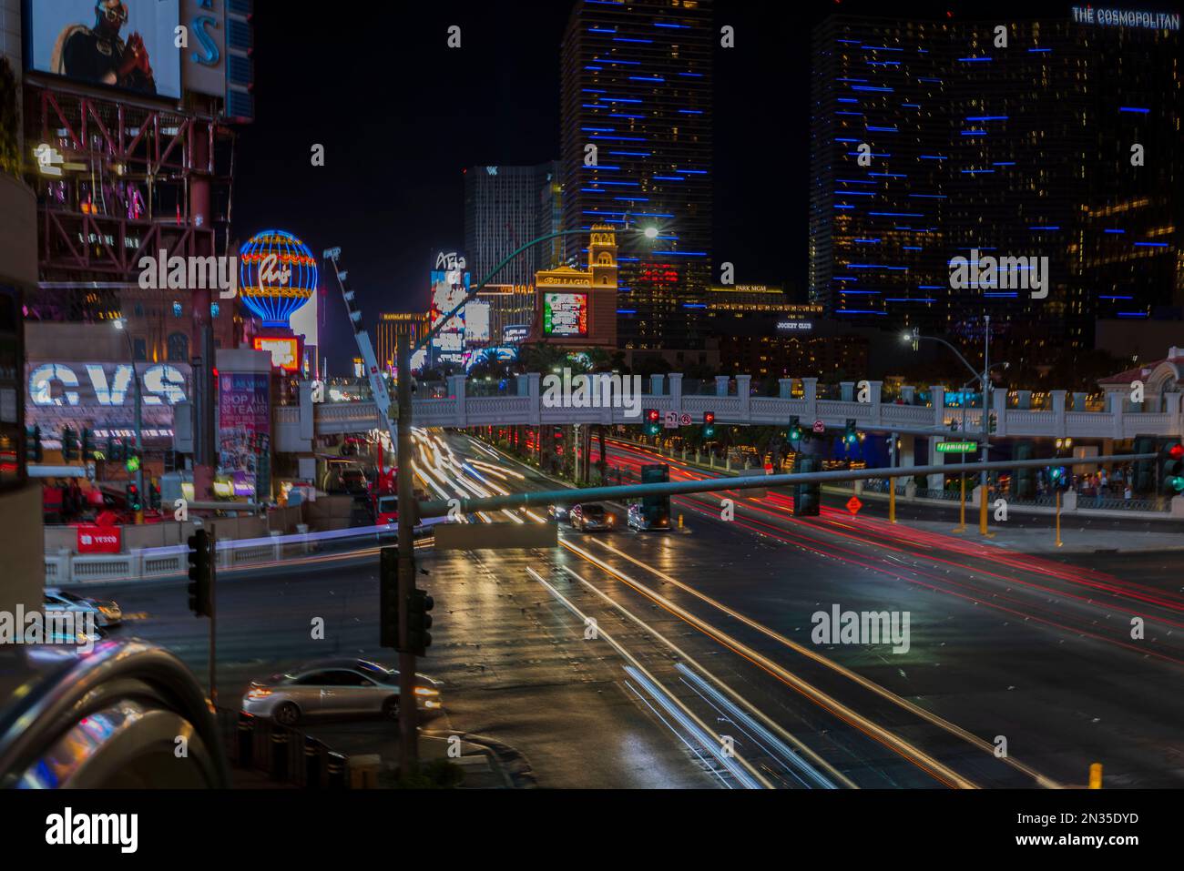 Beautiful out-of-focus tracers of Strip road. Night Las Vegas cityscape view. Nevada, Las Vegas ...