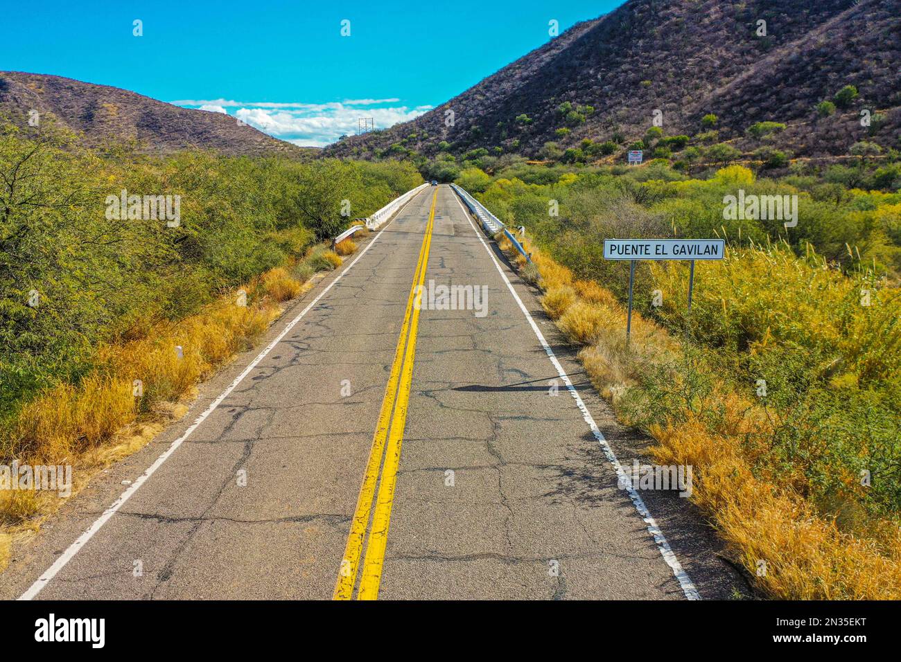 El Gavilán bridge and highway in Ures, Sonora Mexico. Aerial view of ...