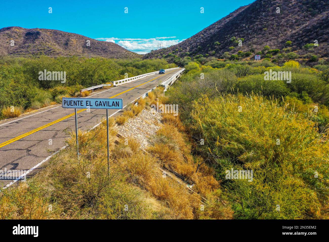 El Gavilán bridge and highway in Ures, Sonora Mexico. Aerial view of ...