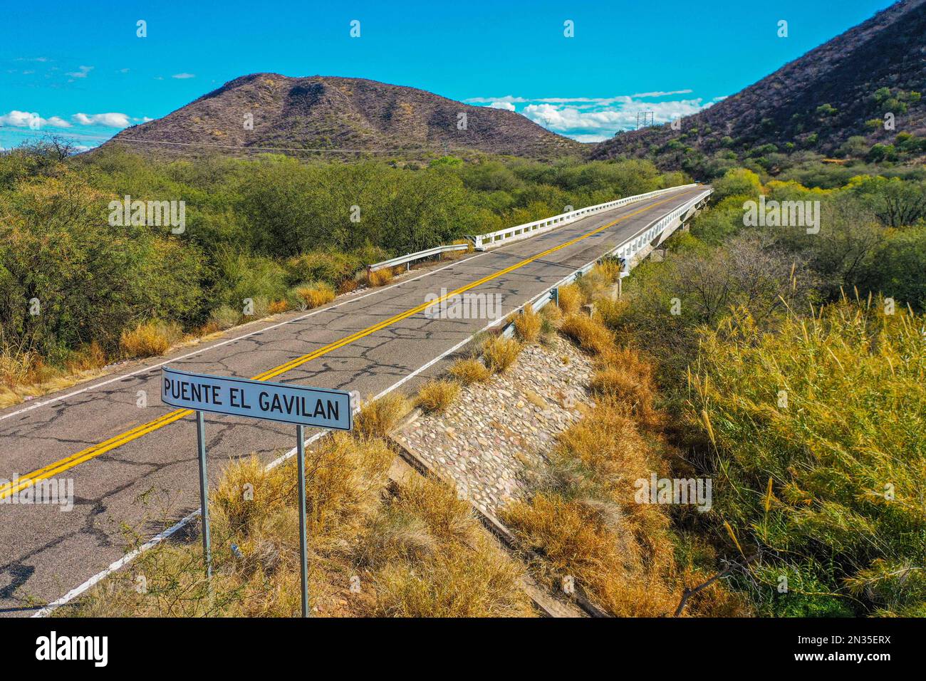 El Gavilán bridge and highway in Ures, Sonora Mexico. Aerial view of ...