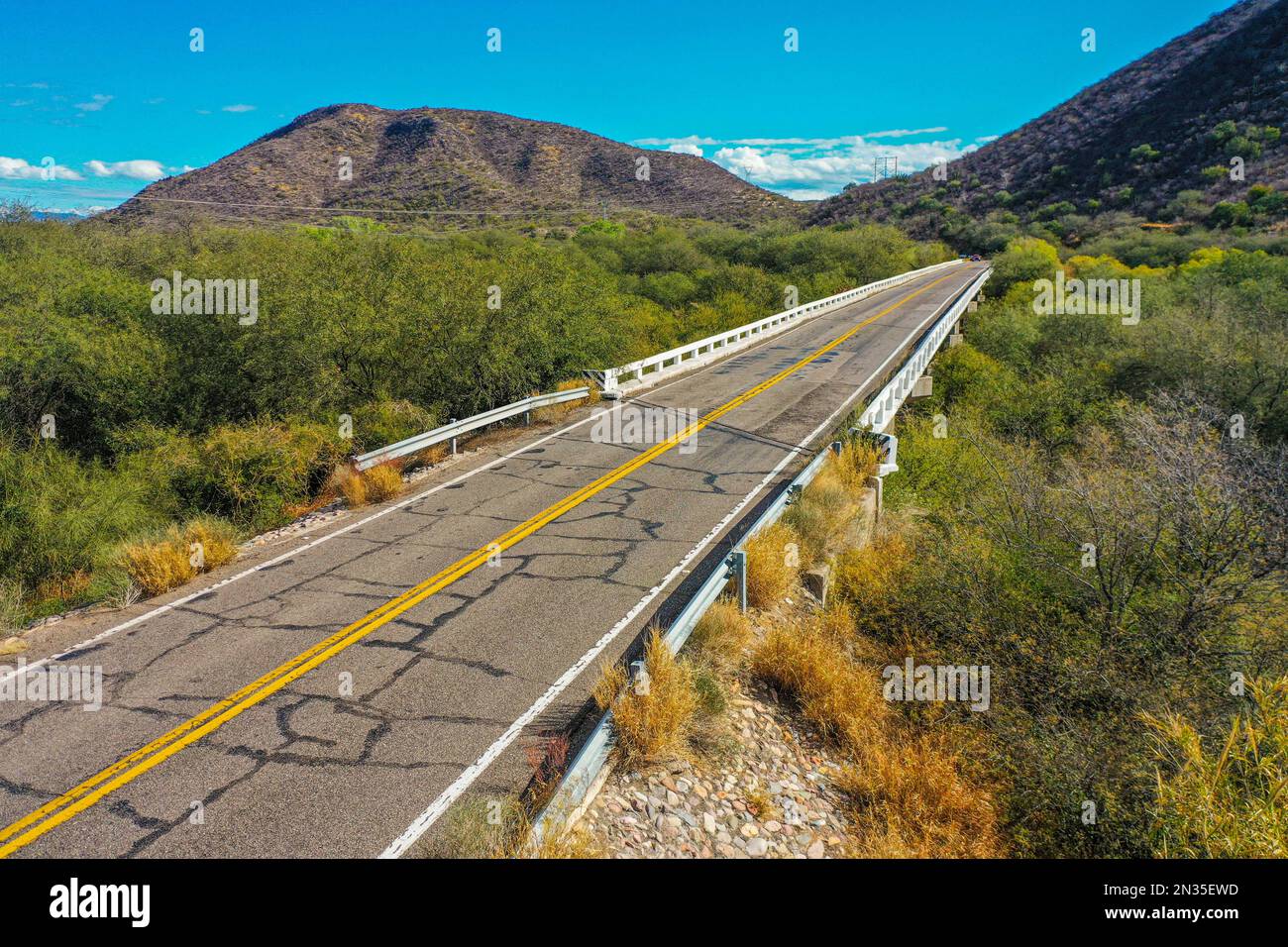 El Gavilán bridge and highway in Ures, Sonora Mexico. Aerial view of ...