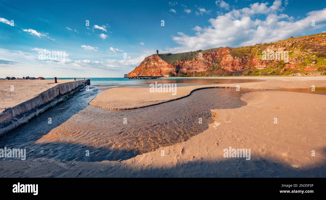 Small river on Bolata beach. Astonishing spring seascape of Black sea ...