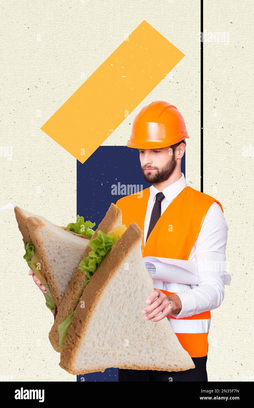 Vertical collage picture of construction worker guy arms hold huge ...