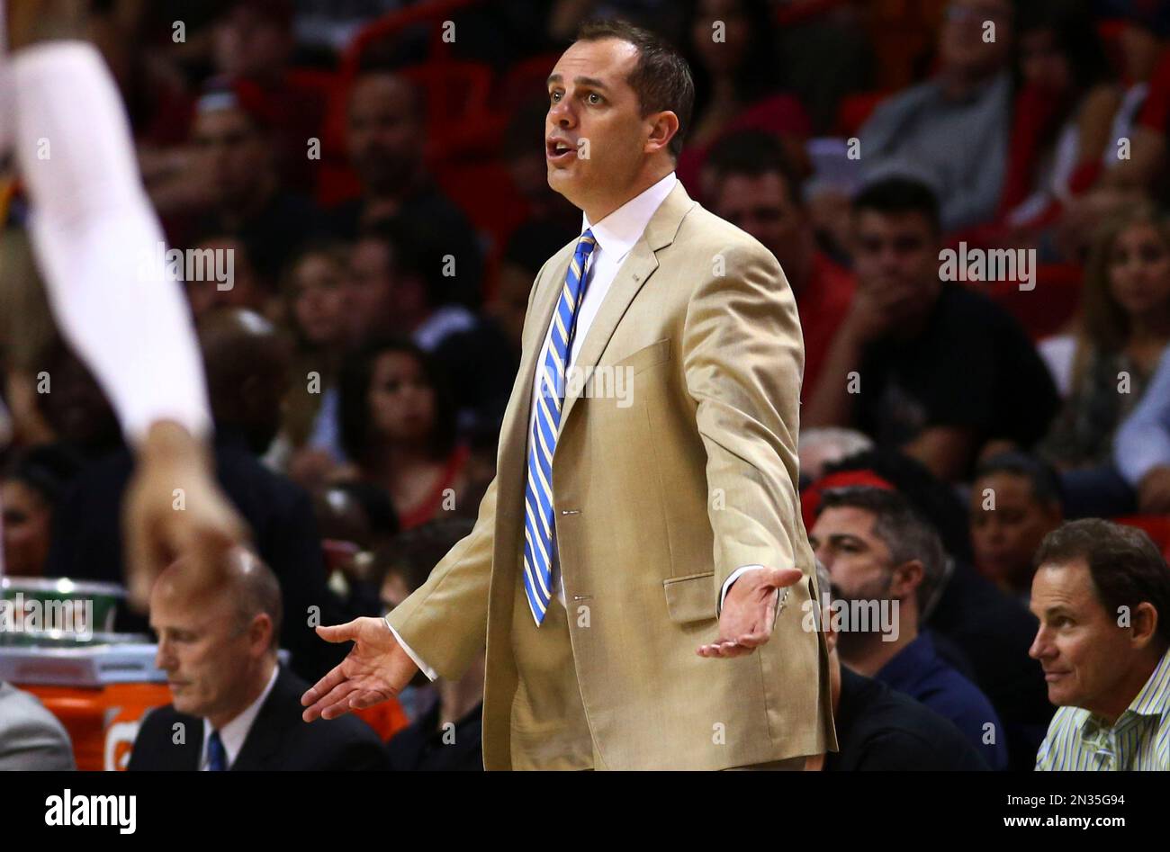 Indiana Pacers coach Frank Vogel argues a penalty call during the first ...