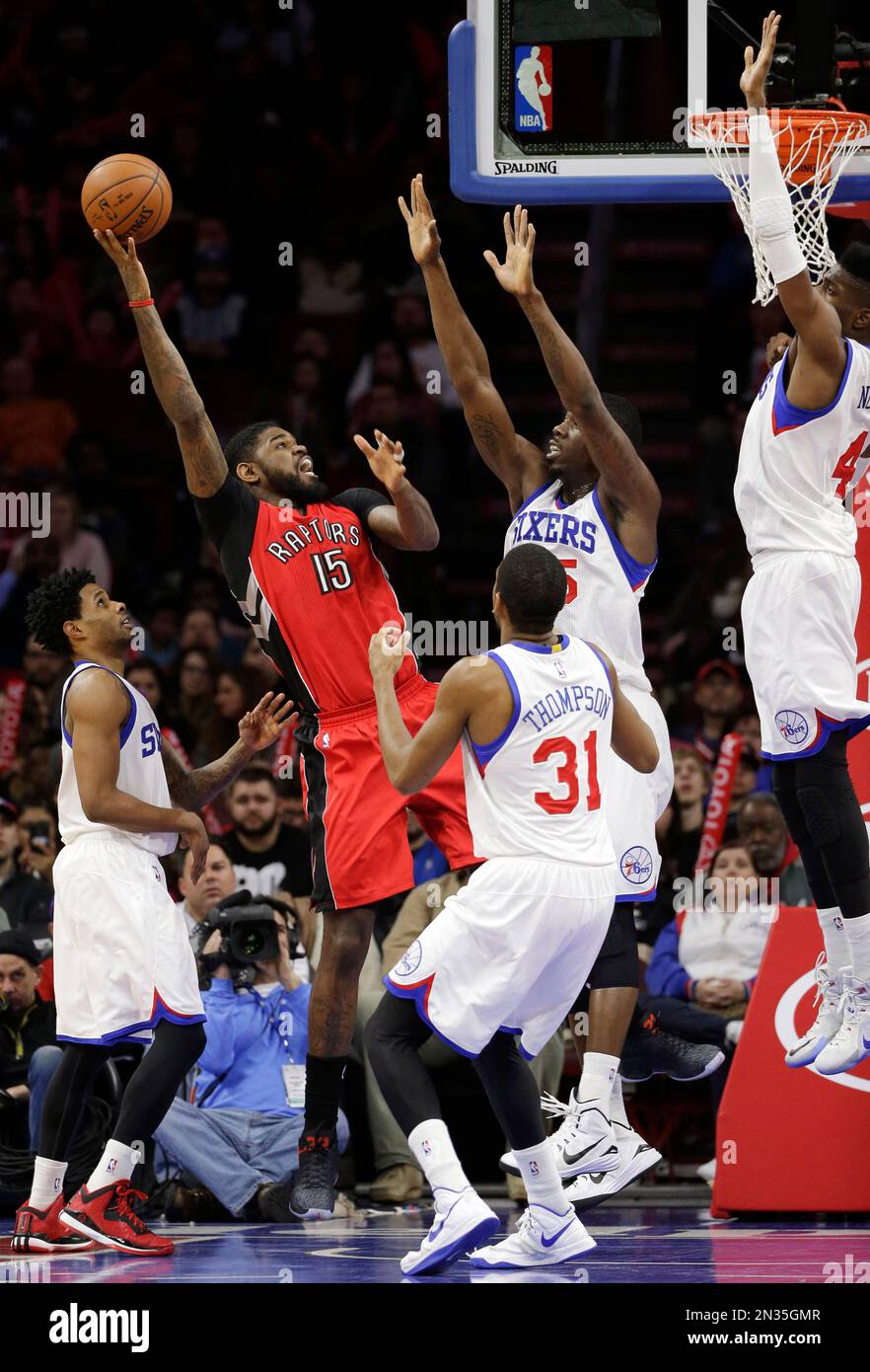 Toronto Raptors' Amir Johnson (15) shoots against Philadelphia 76ers ...