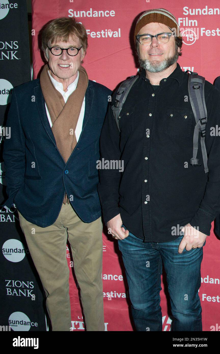 Robert Redford and Nick Offerman attend the premiere of "A Walk In The ...