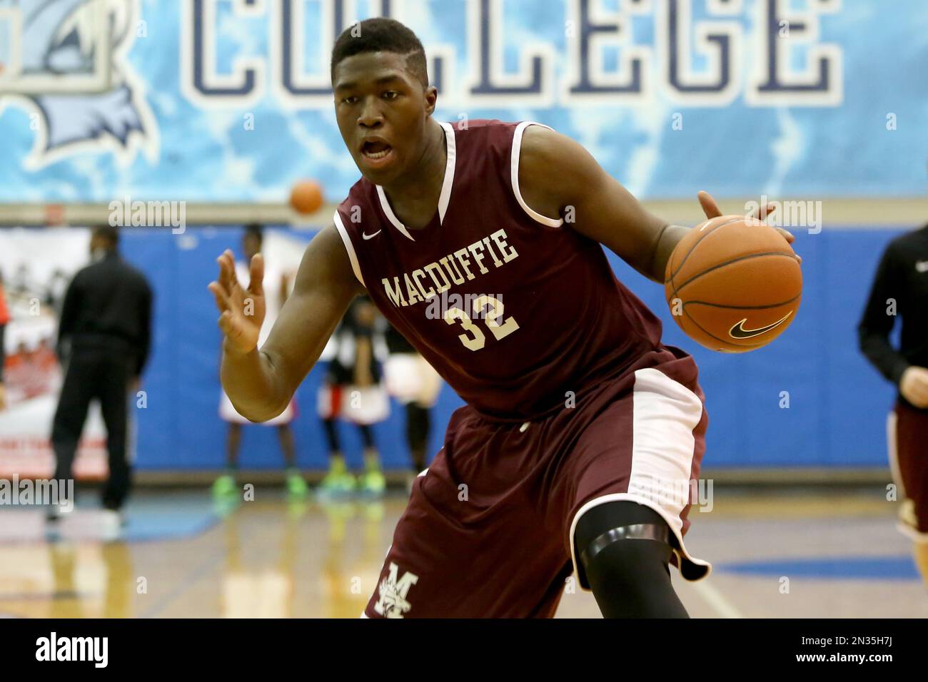 MacDuffie's Jordy Tshimanga #32 warms up against Life Center during ...