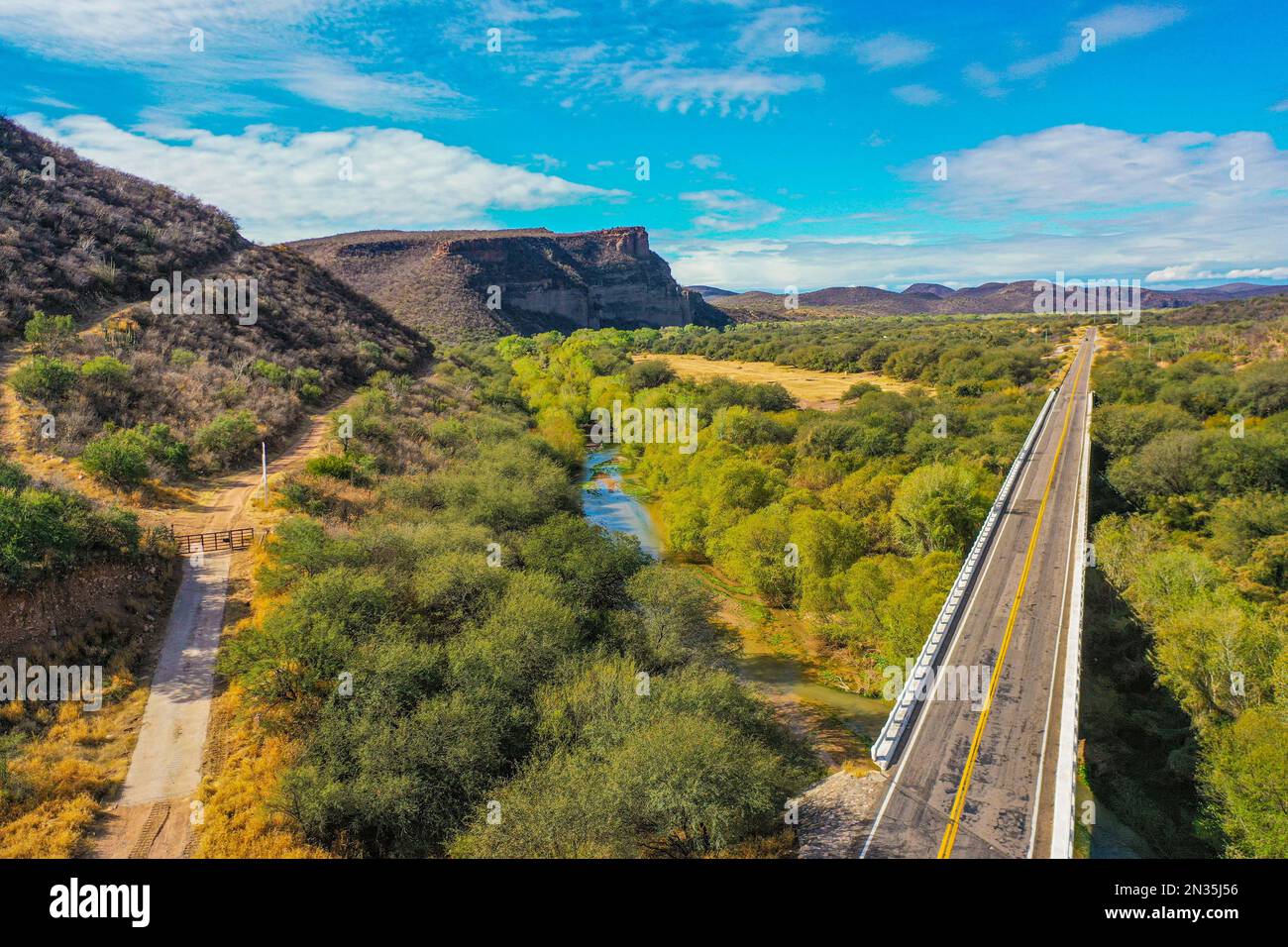 El Gavilán bridge and highway in Ures, Sonora Mexico. Aerial view of ...