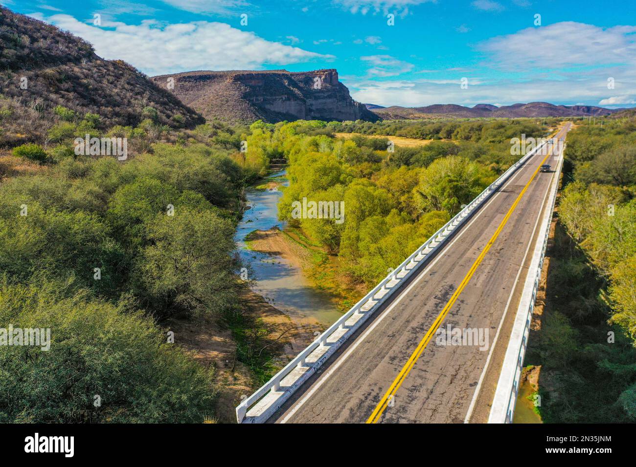 El Gavilán bridge and highway in Ures, Sonora Mexico. Aerial view of ...