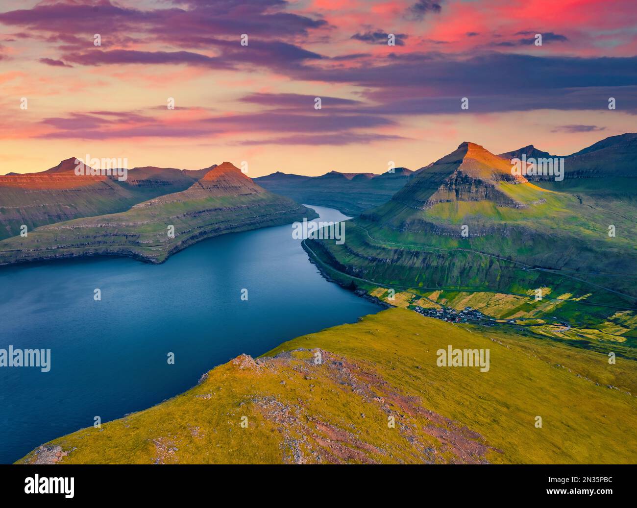Aerial landscape photography. Great sunset on Faroese fjords in the ...