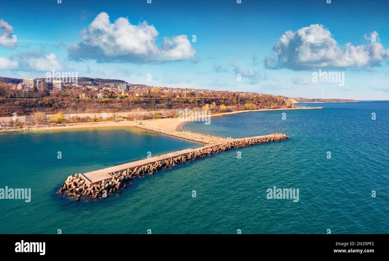 Aerial morning view of Varna port. Spectacular seascape of Black sea ...