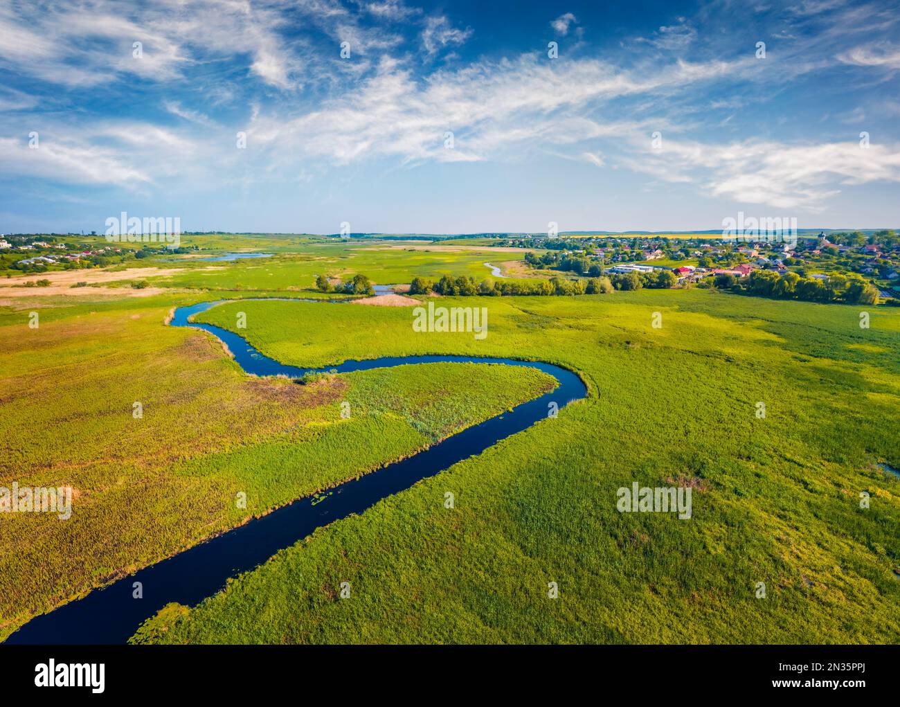 View from flying drone. Spectacular morning view of Seret river ...