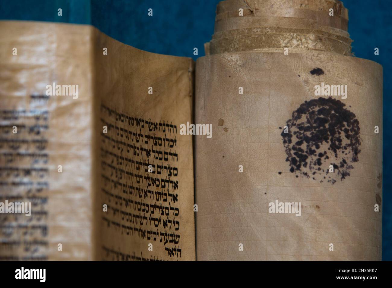 An ancient Torah scroll is seen during a dedication ceremony at the ...