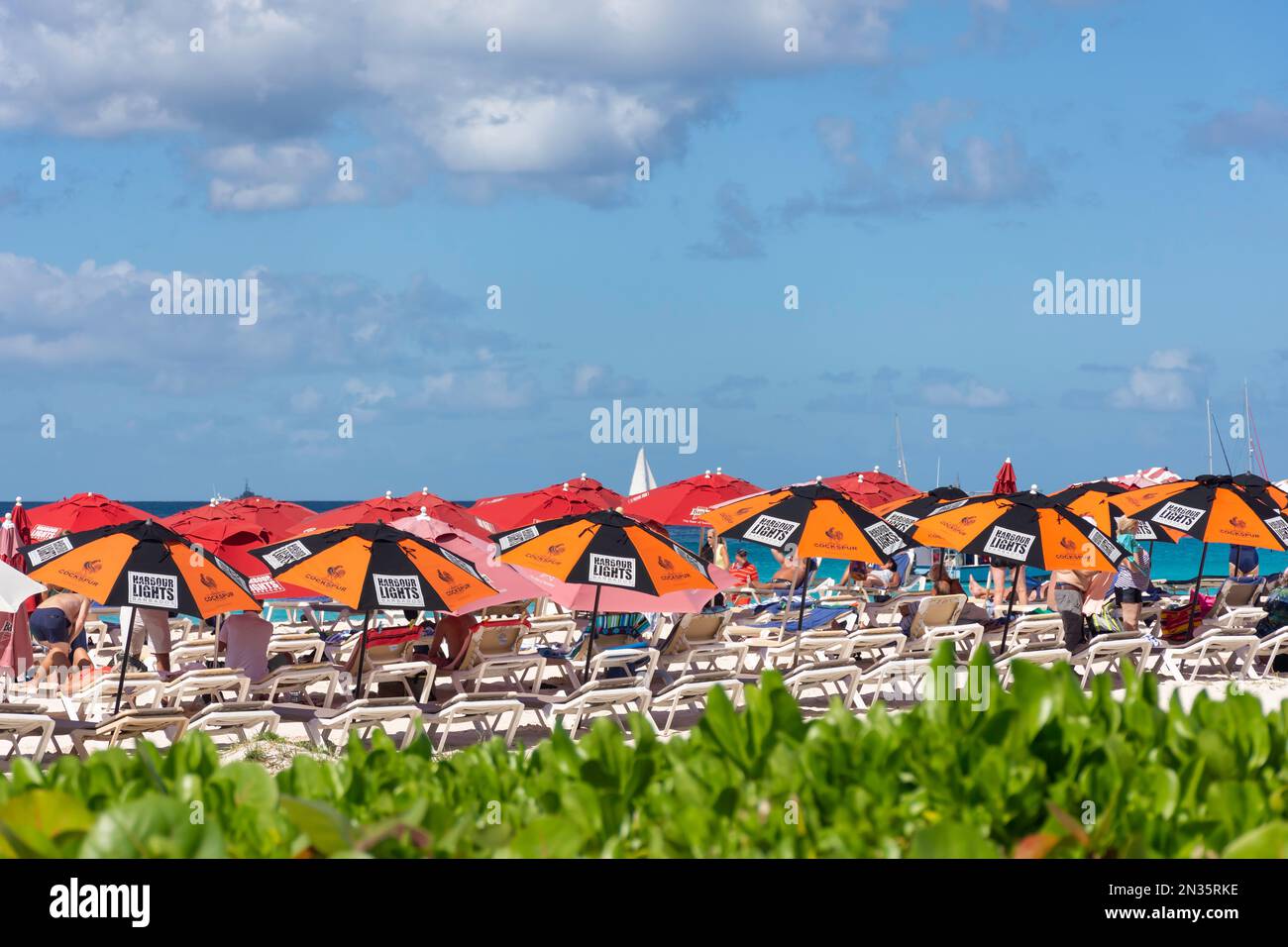 Harbour Lights Beach Club sunbeds at Bayshore Beach, Carlisle Bay ...