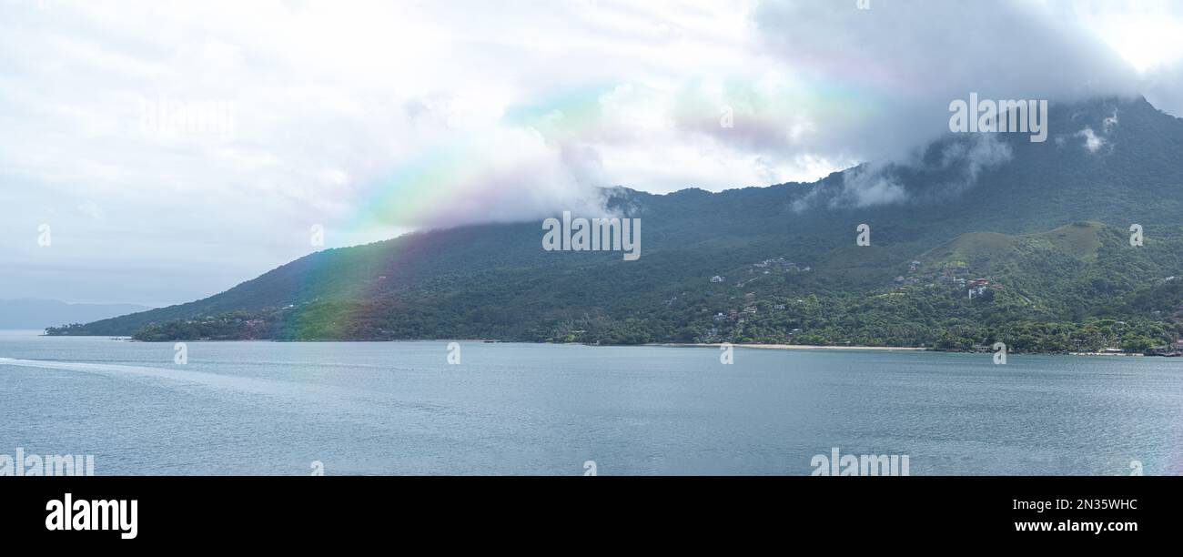Panoramic photo of Ilha Bela on a cloudy day. Tourist destination on ...