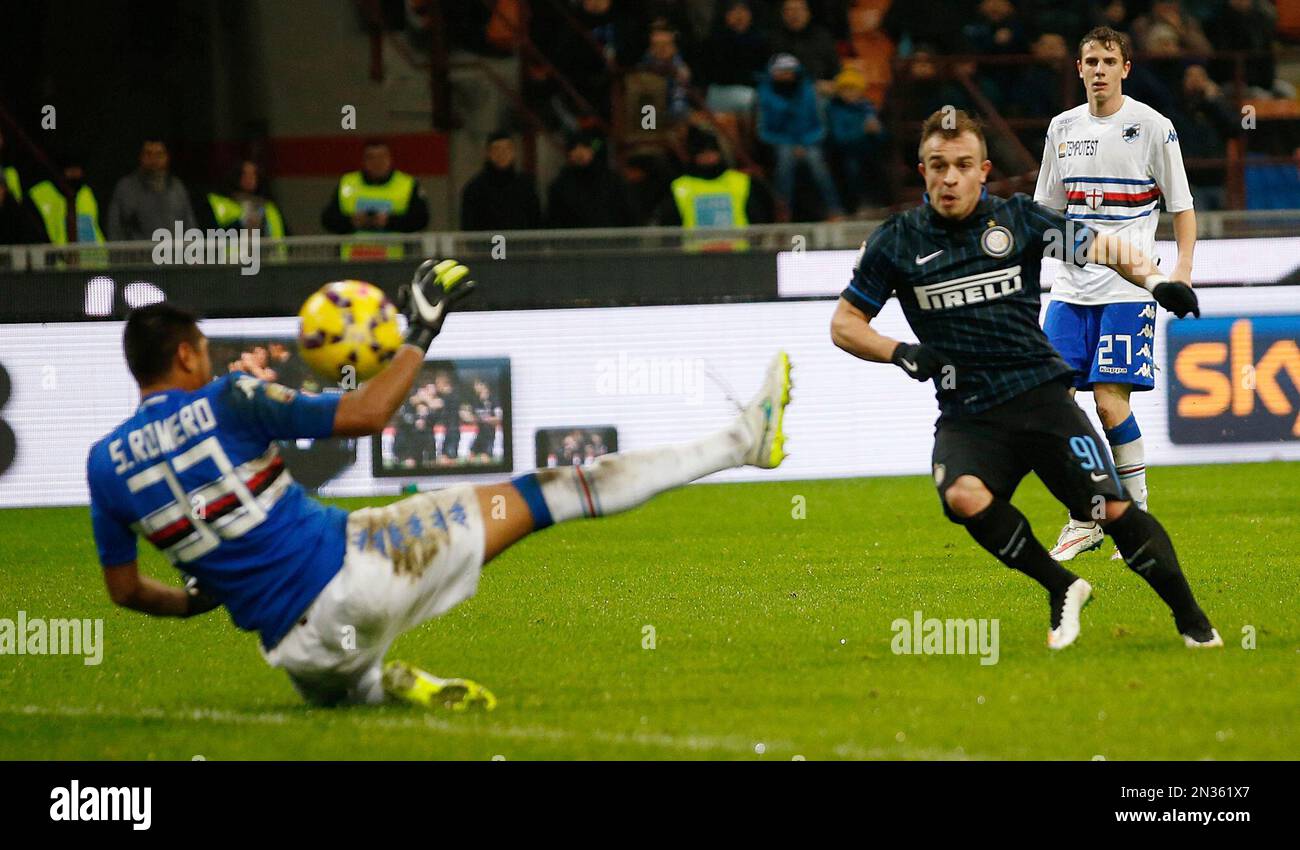 Inter Milan’s Xherdan Shaqiri, right, scores during an Italian Cup ...