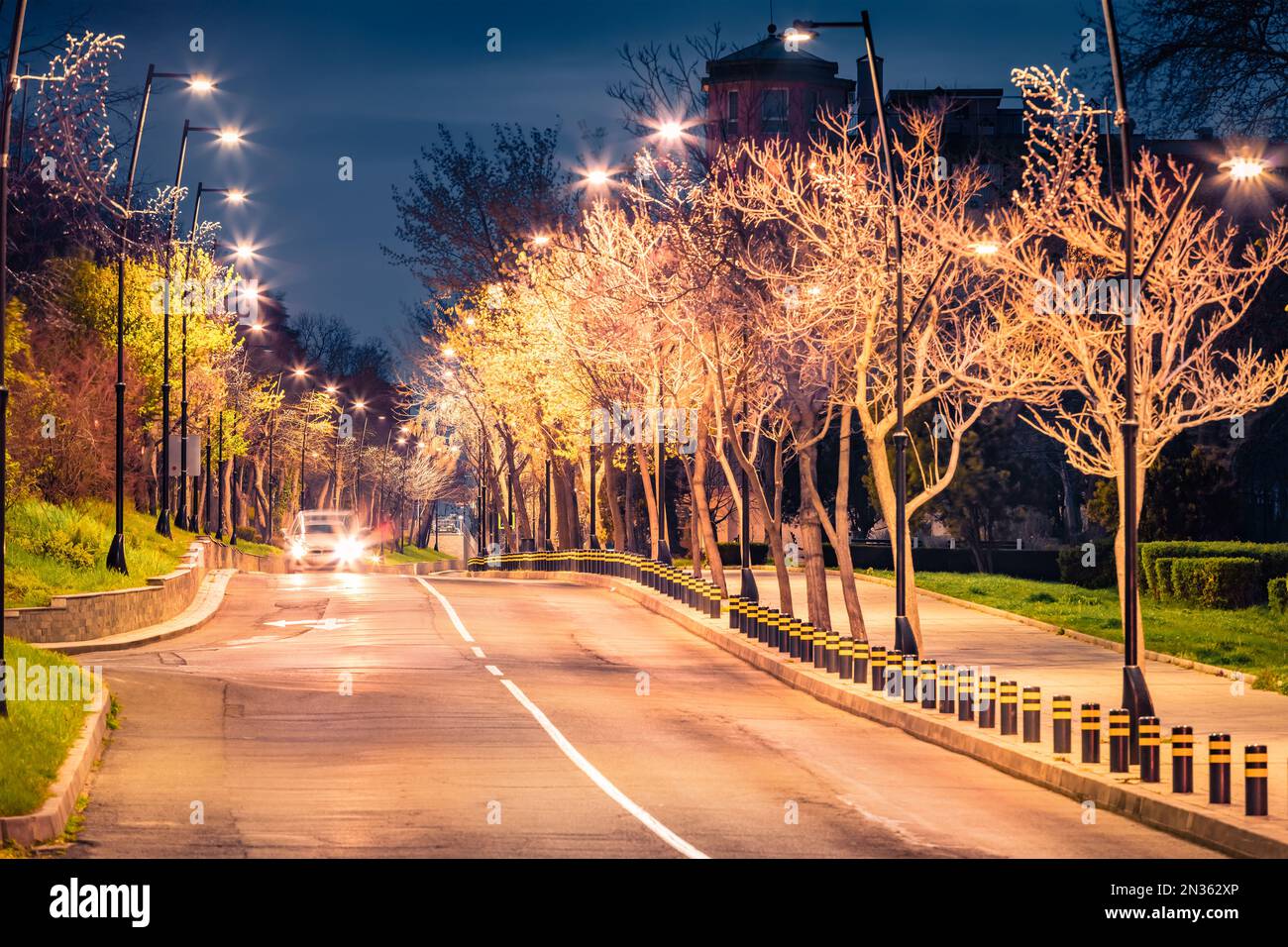 Landscape photography. Illuminated street of night Nessebar town ...