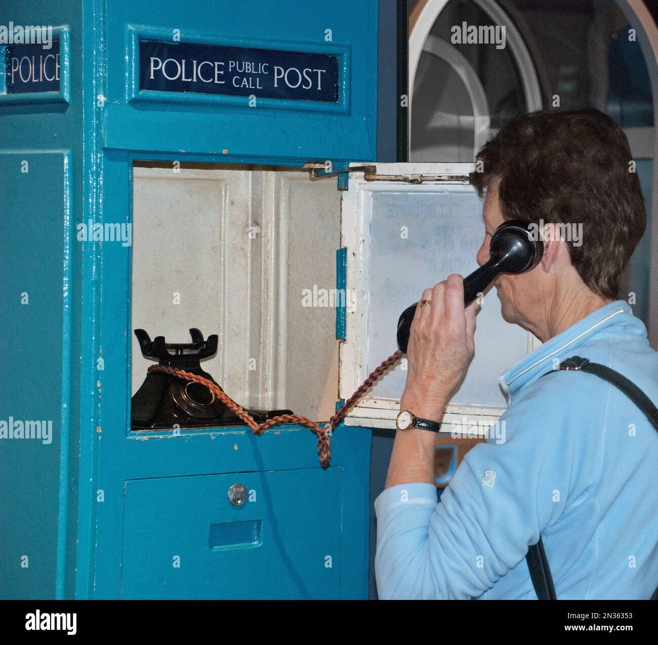 Old style, blue police public call box seen in Edinburgh, Scotland ...