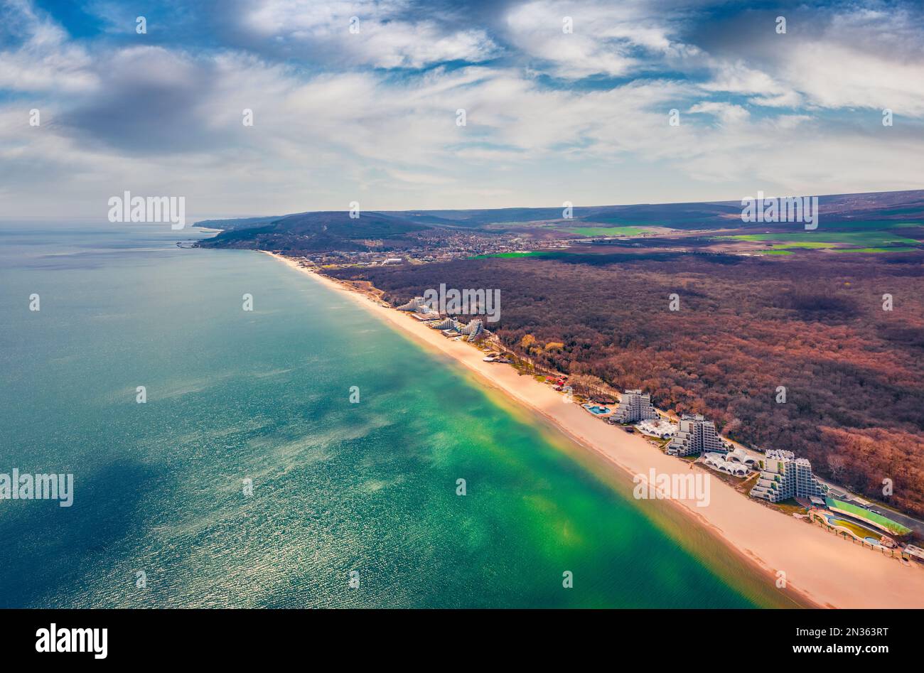 Aerial spring view of Albena Beach. Picturesque morning scene of ...