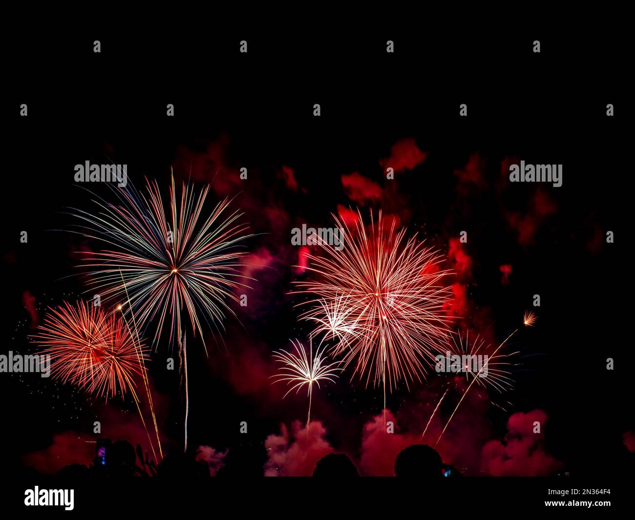 The display of bright colorful fireworks against the black sky ...