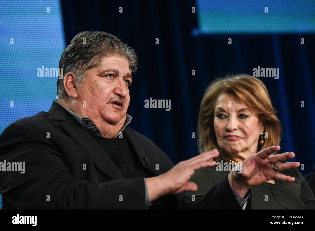 Director Hector Galan, left, and Elsa Cardenas speak on stage during ...