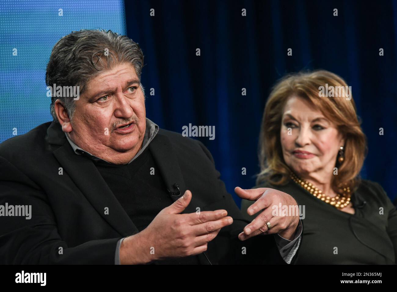 Director Hector Galan, left, and Elsa Cardenas speak on stage during ...