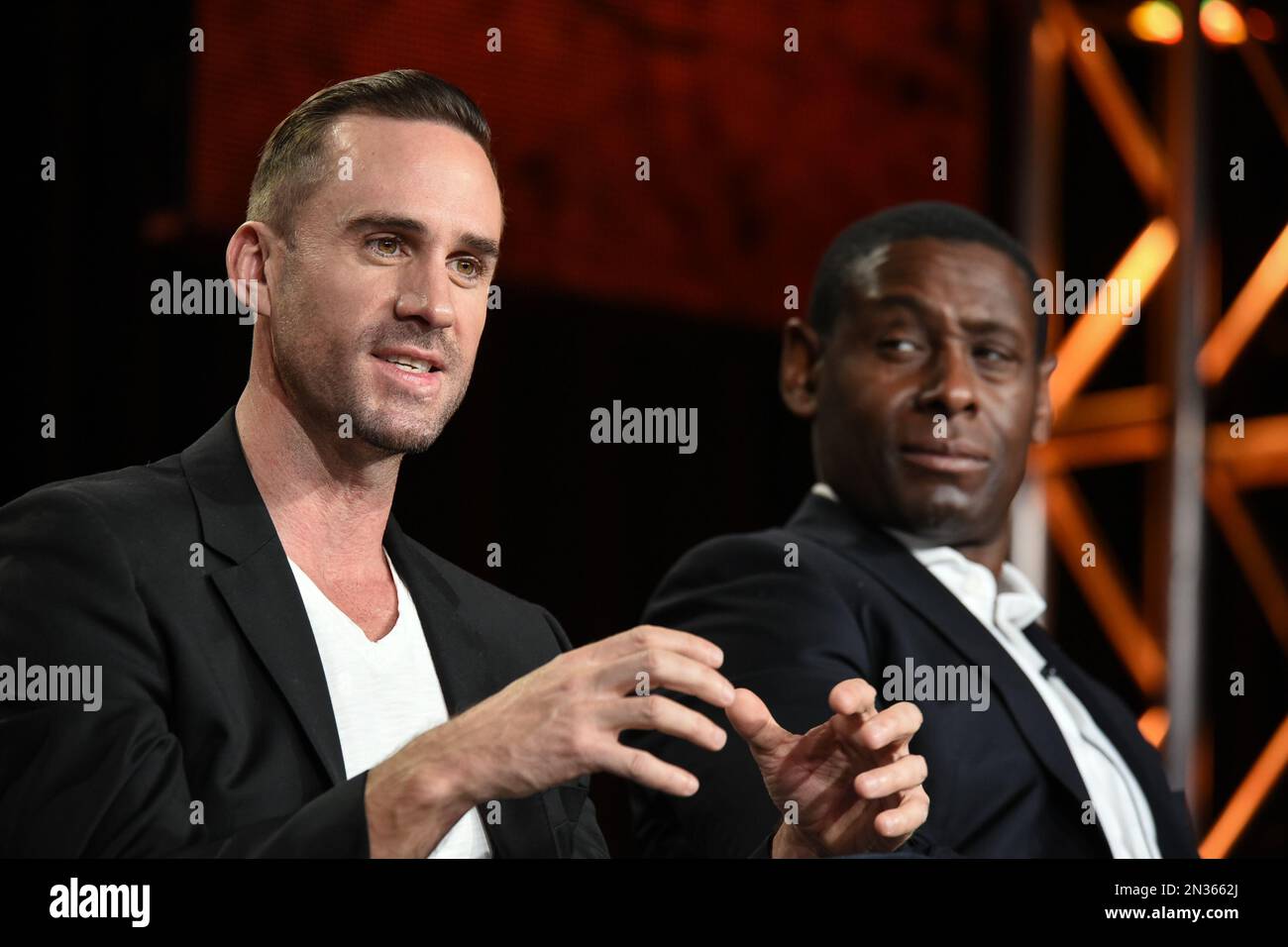 Joseph Fiennes, left, and David Harewood speak on stage during the ...