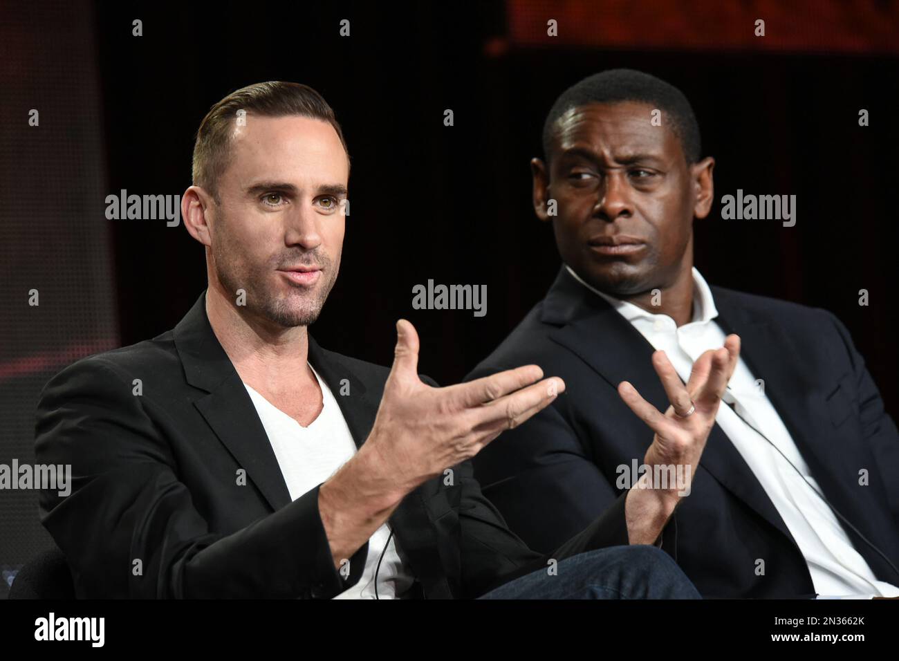 Joseph Fiennes, left, and David Harewood speak on stage during the ...
