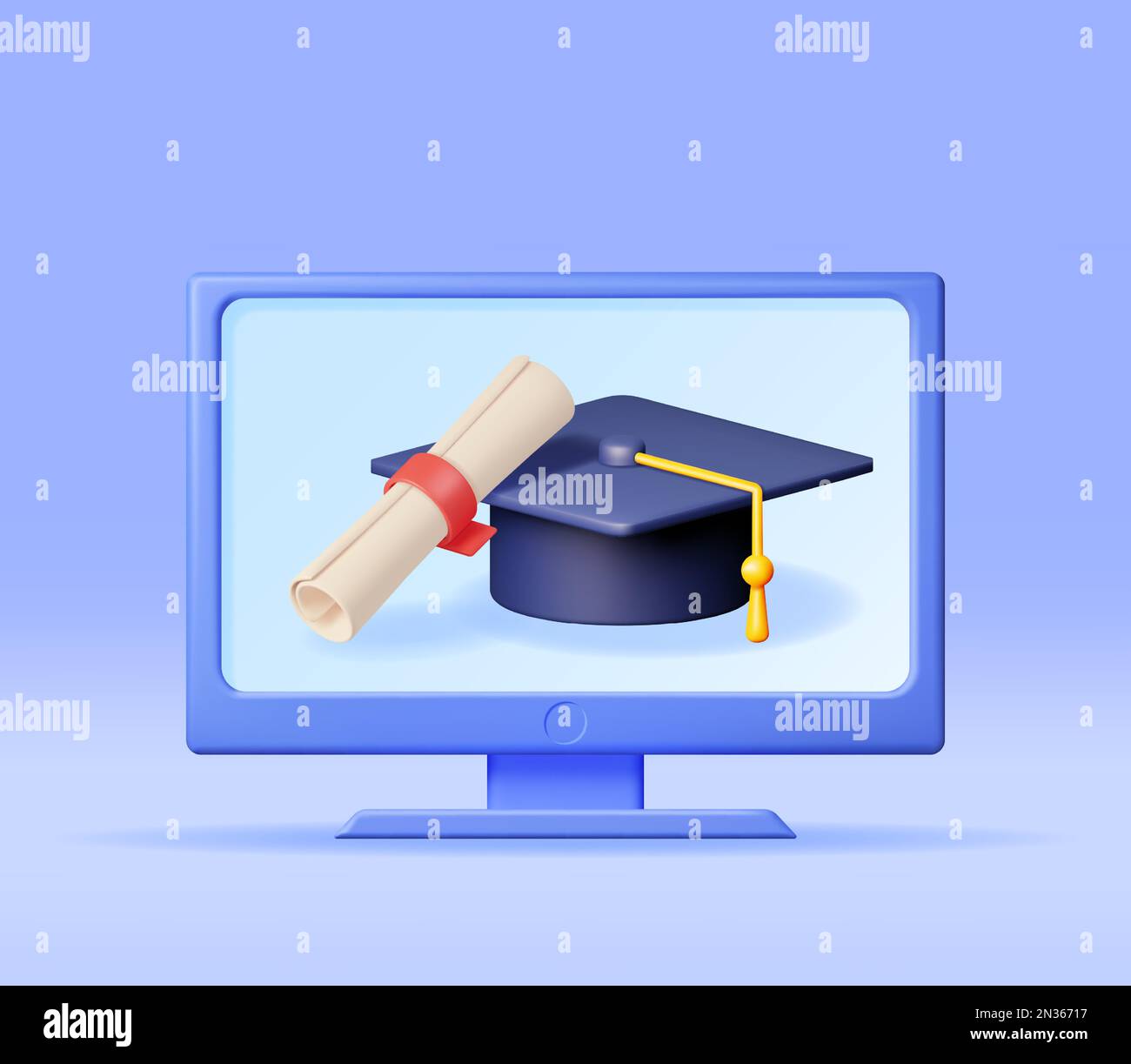 3D Computer with Graduation Cap and Diploma Stock Vector Image & Art ...