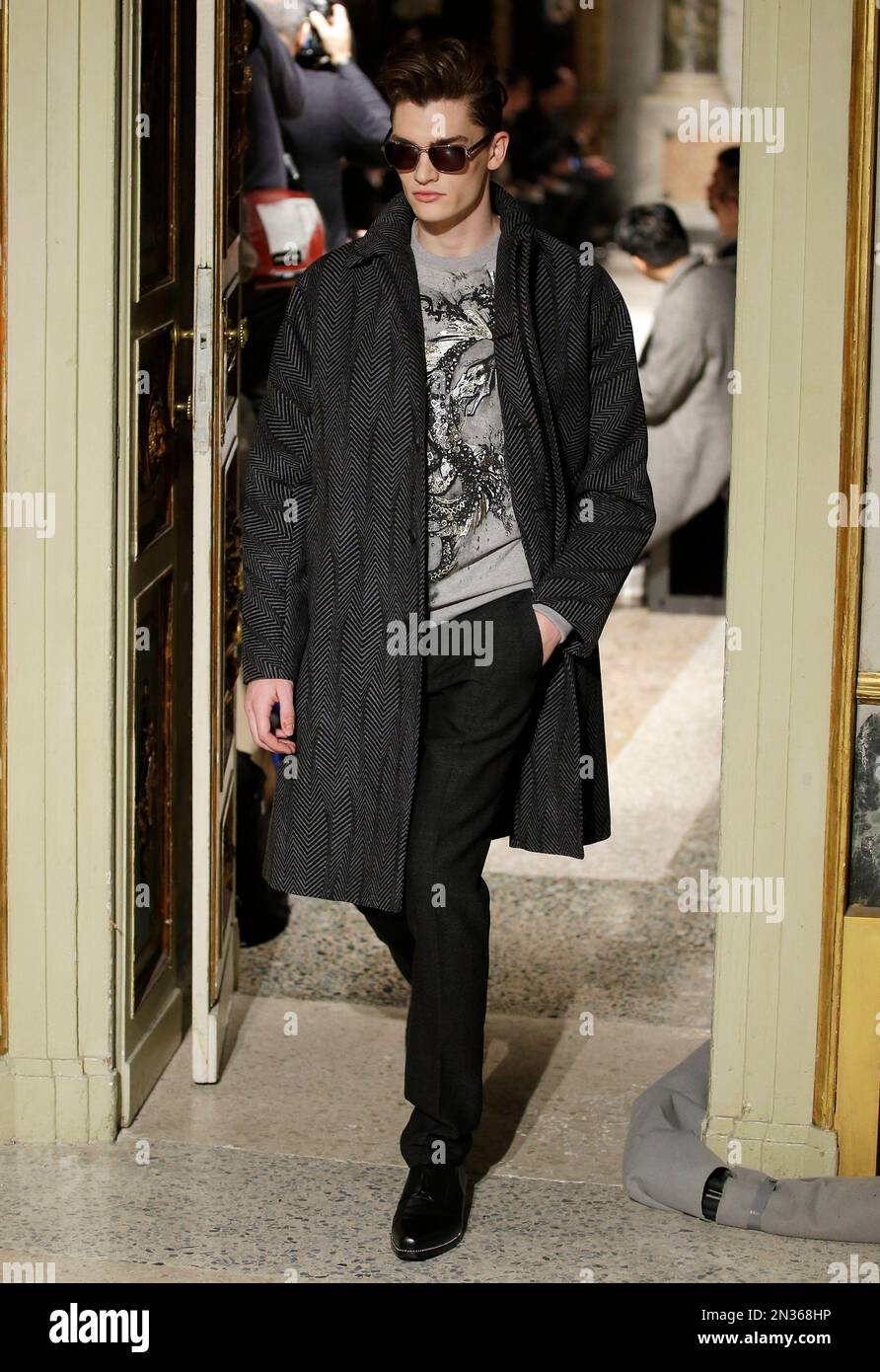 A model wears a creation for Roberto Cavalli men's Fall-Winter 2015 ...