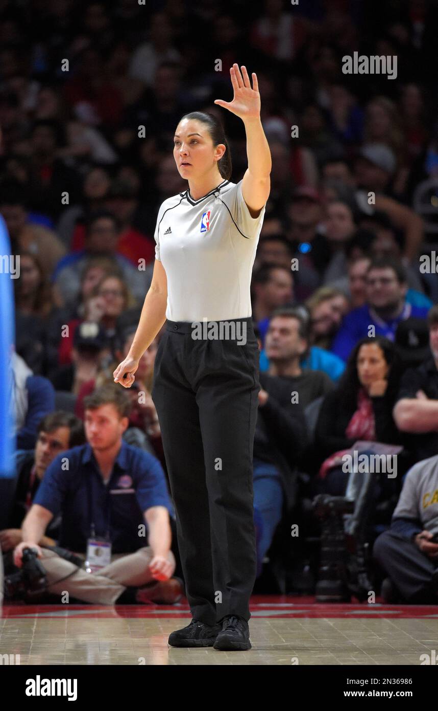Referee Lauren Holtkamp gestures during the first half of an NBA ...