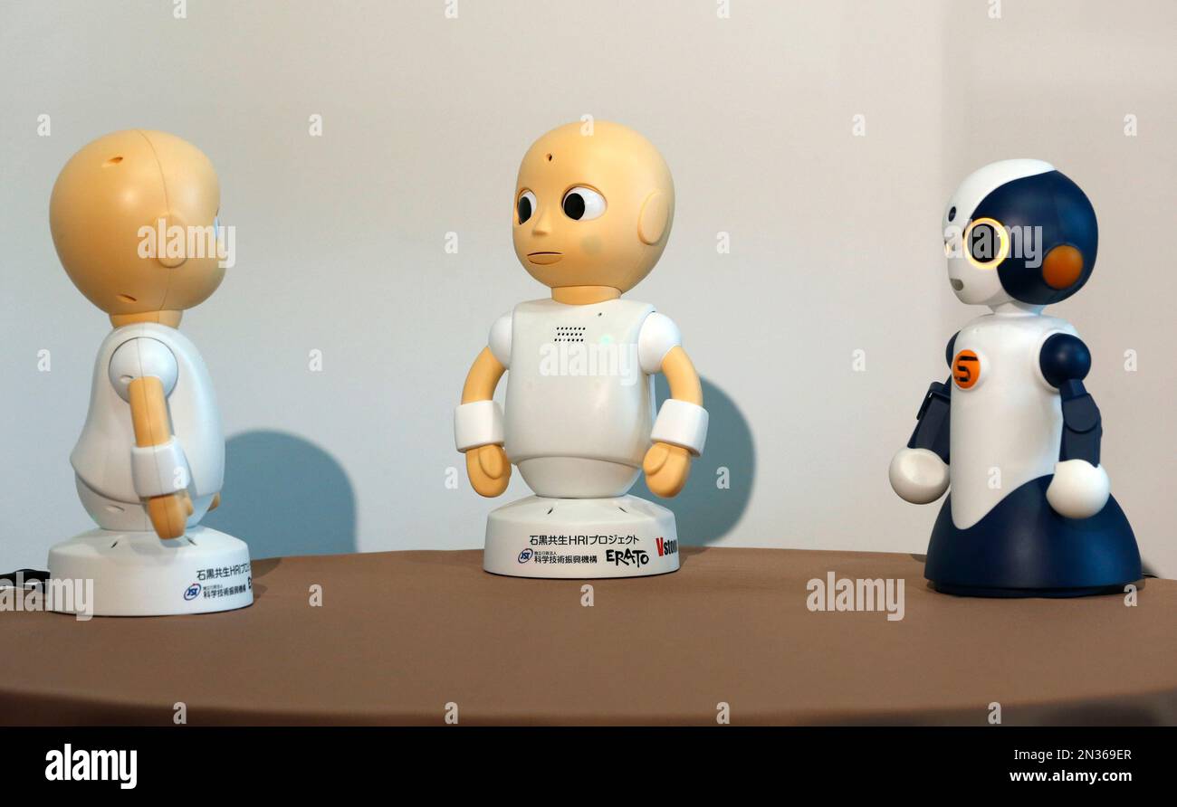 New talking robot Sota, right, talks with fellow talking robots CommU ...