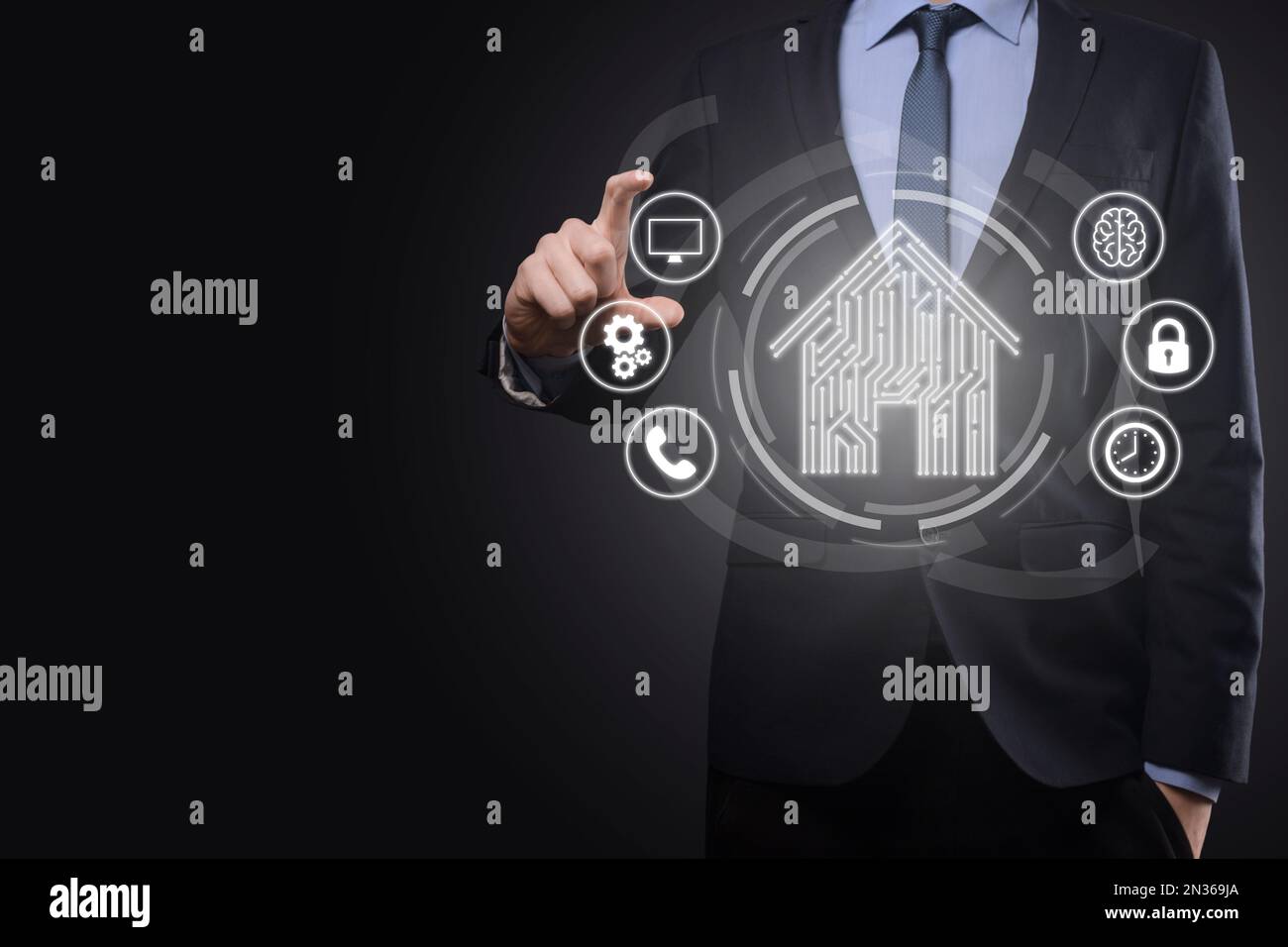 Businessman hold house icon.Smart home controlled, intelligent house ...