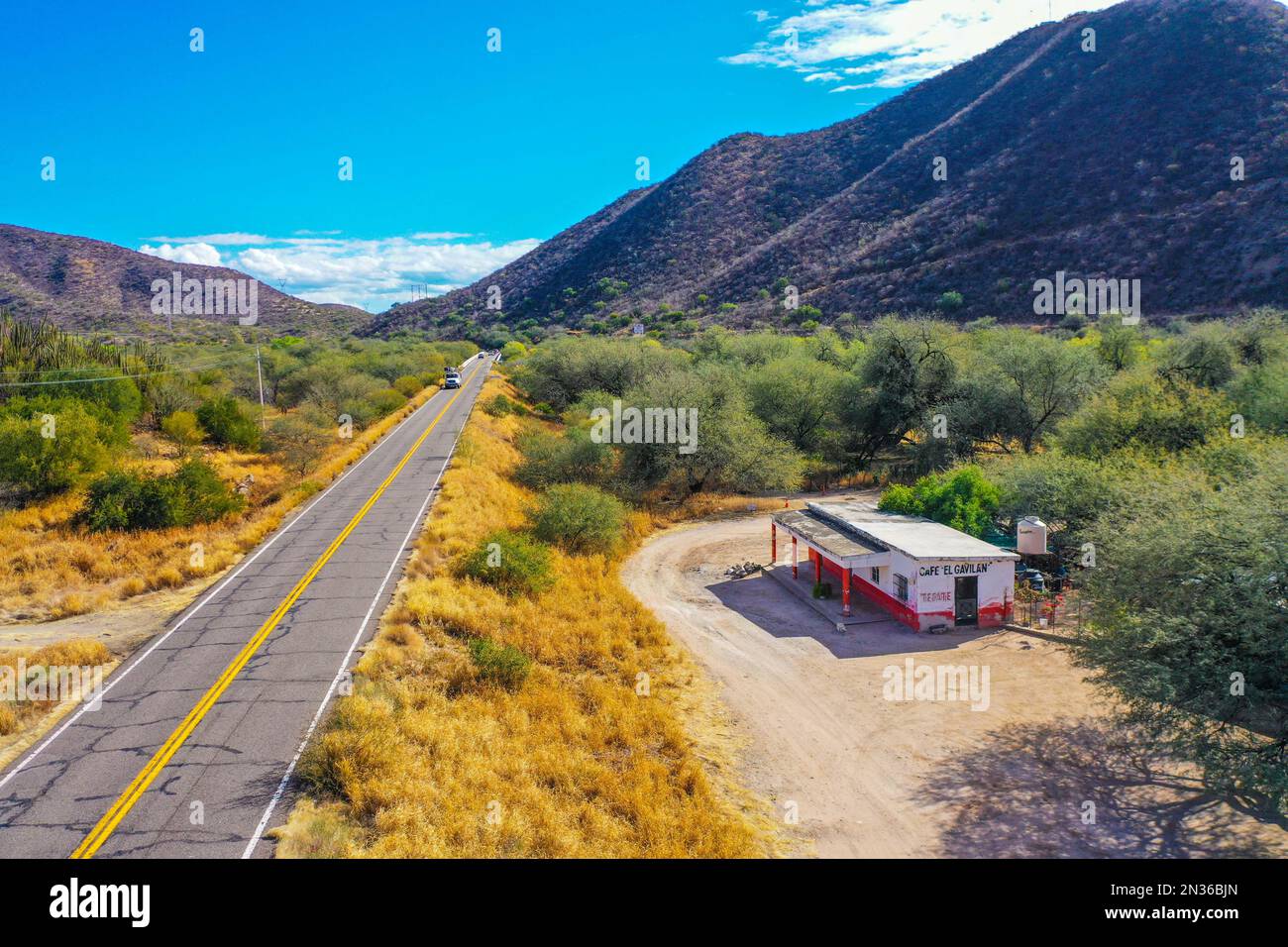 El Gavilán restaurant in Ures, Sonora Mexico. Aerial view of the river ...