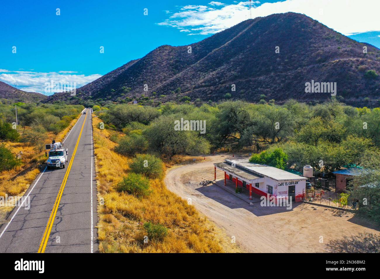 El Gavilán restaurant in Ures, Sonora Mexico. Aerial view of the river ...
