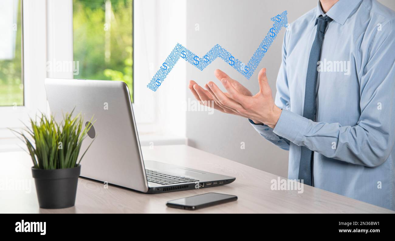Businessman hold drawing on screen growing graph, arrow of positive ...