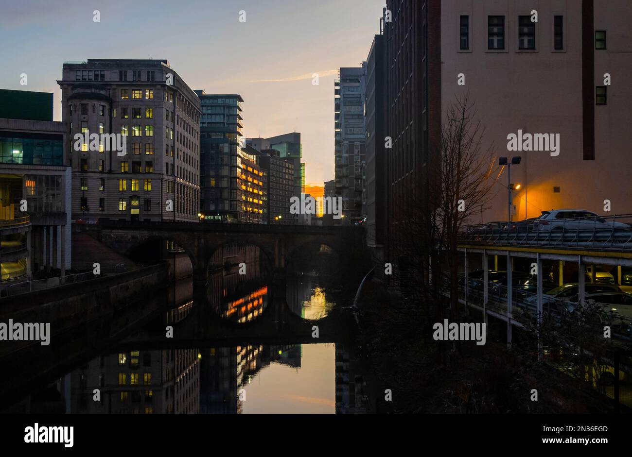 River Irwell at dusk in Manchester UK Stock Photo - Alamy