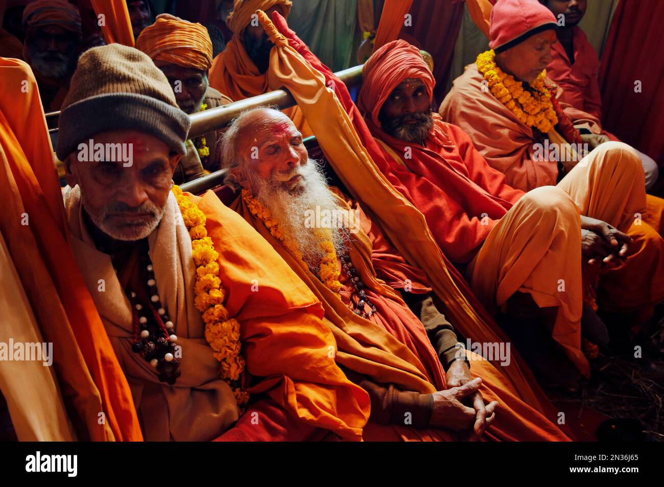 Indian Hindu holy men attend the “Dharma Sansad” or a religious ...