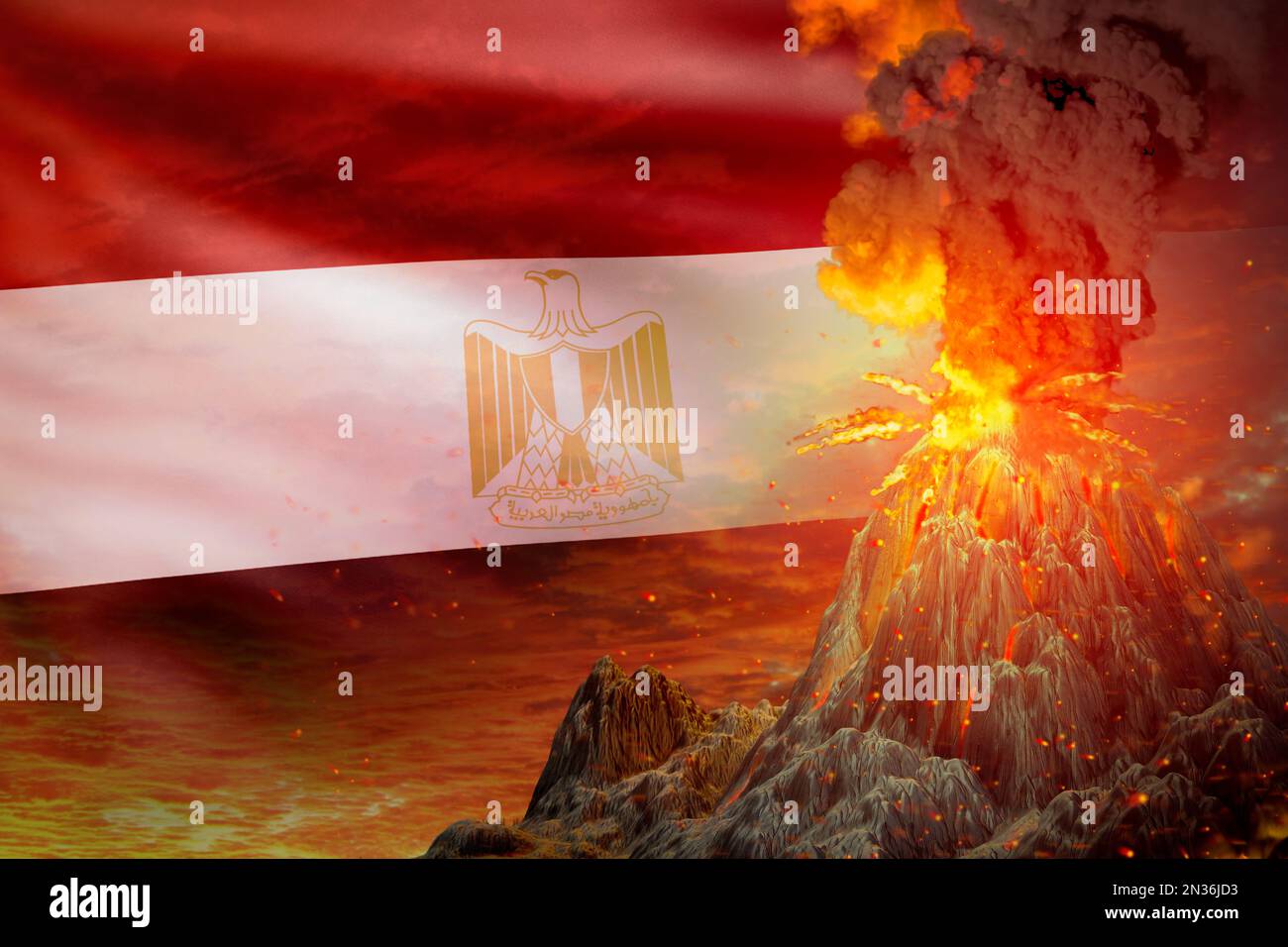 stratovolcano eruption at night with explosion on Egypt flag background ...