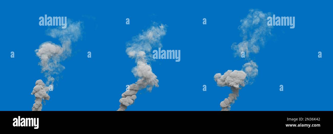 3 grey toxic smoke columns from explosion on blue, isolated ...