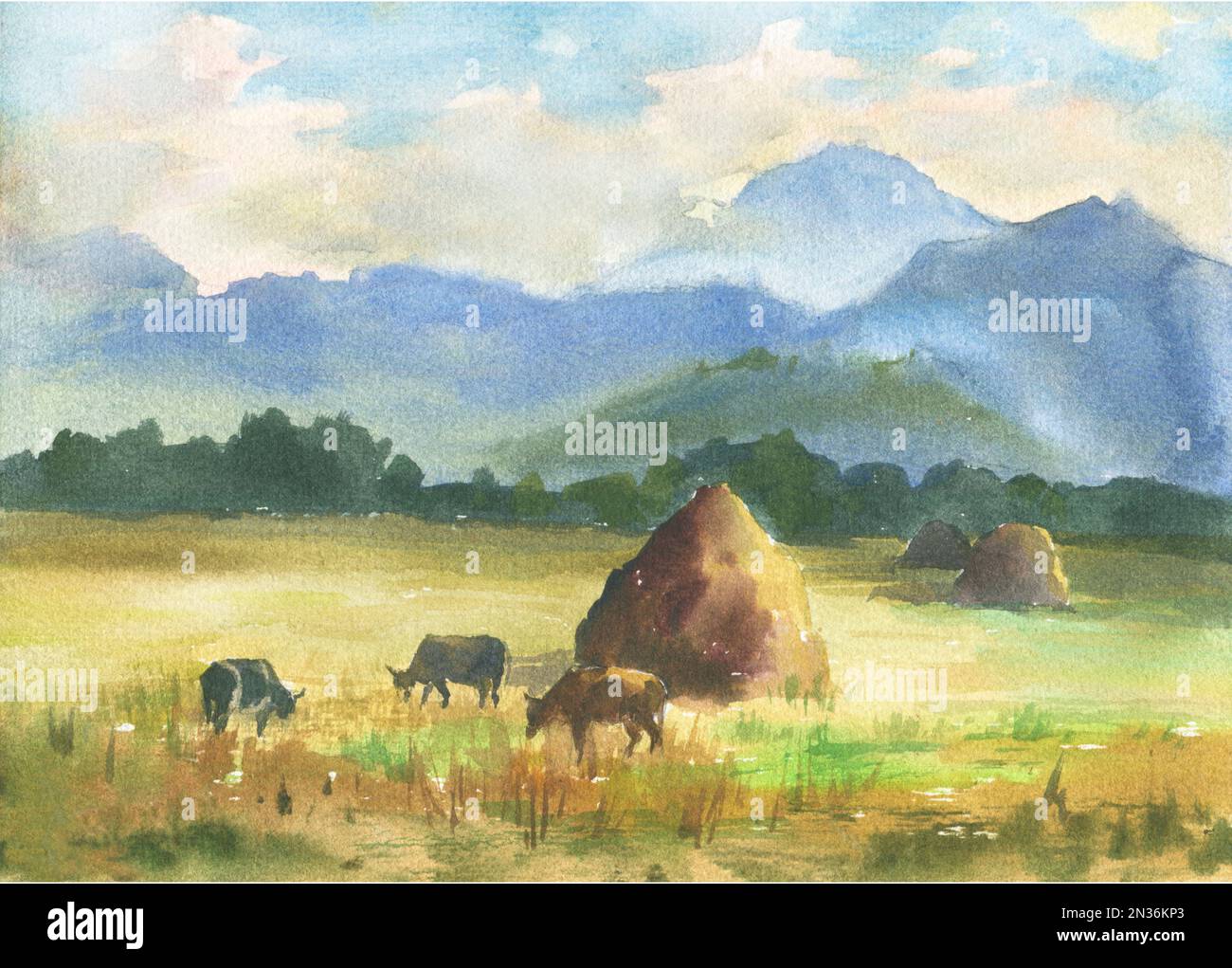 Watercolor illustration of an alpine meadow with haystacks, grazing ...