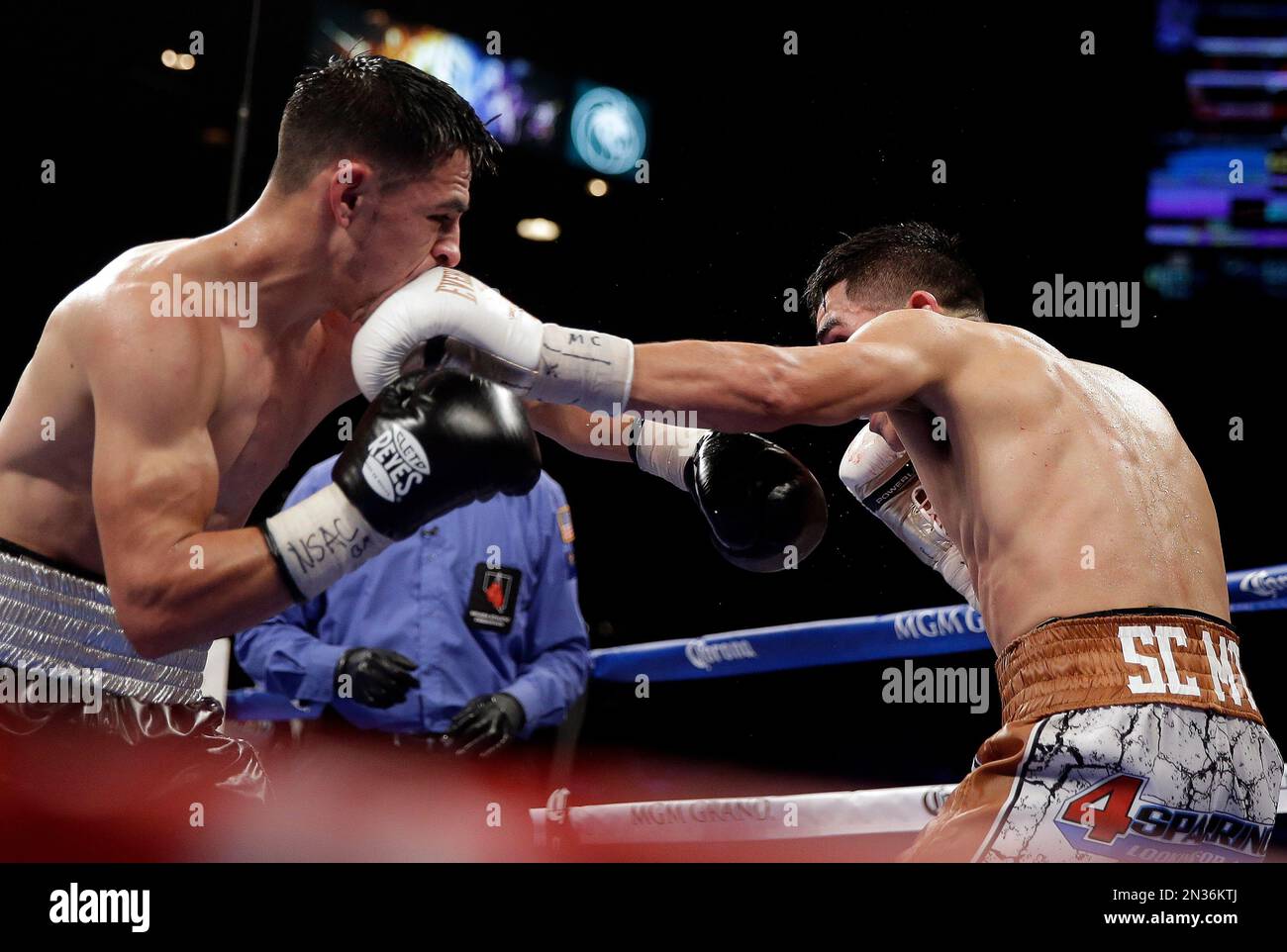 Leo Santa Cruz, right, punches Jesus Ruiz, of Mexico during their WBC ...