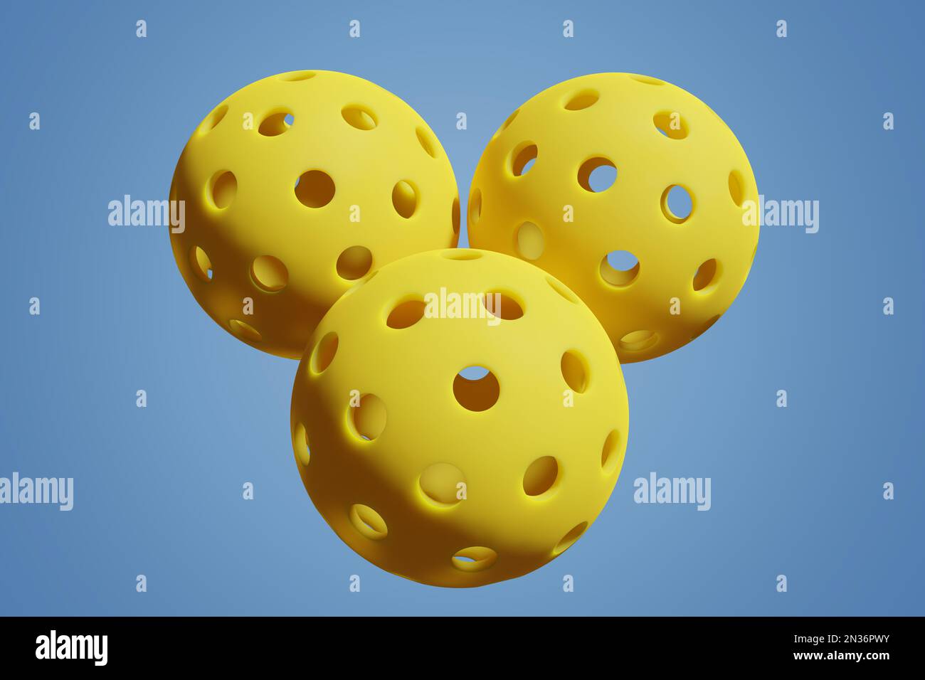 Pickleball three yellow sports balls on an isolated background. Closeup ...