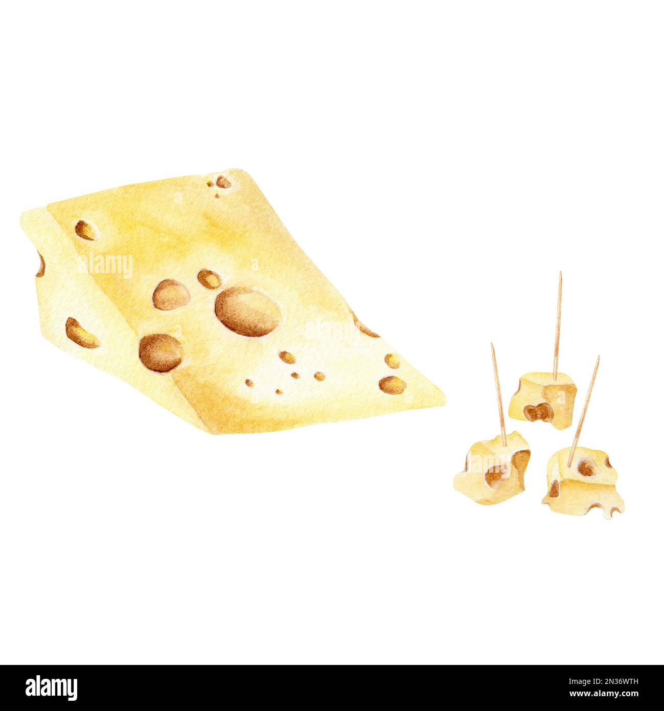 Set of yellow cheese piece with holes. Watercolor illustration isolated ...