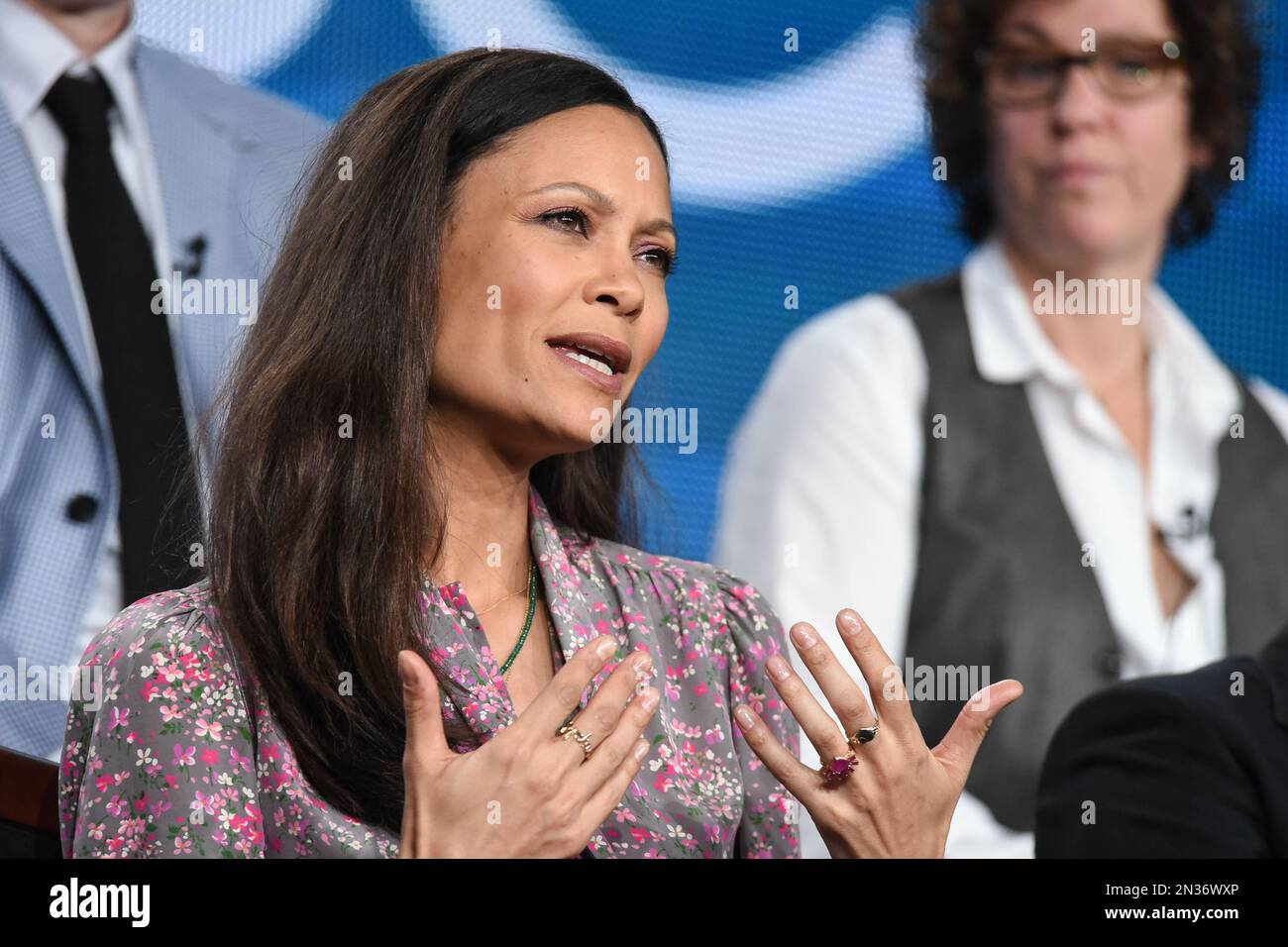 Thandie Newton speaks on stage during the "The Slap" panel at the NBC ...