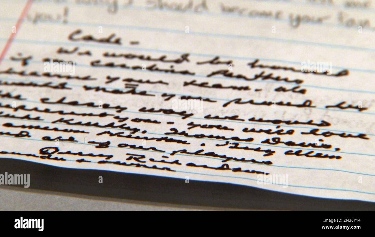 This Jan. 15, 2015 image from video shows a handwritten response by ...