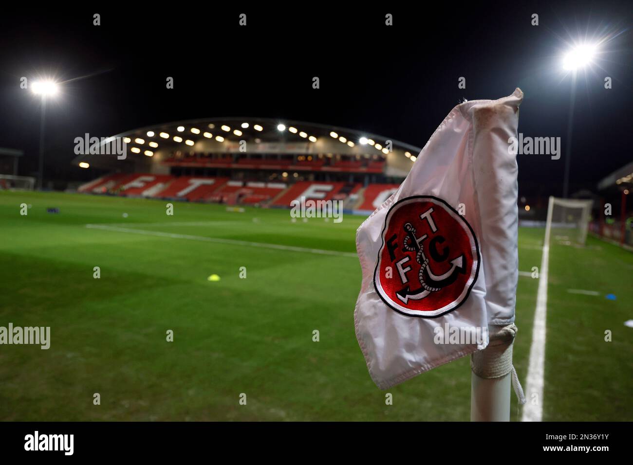 General view of a Fleetwood Town branded corner flag inside the ground ...