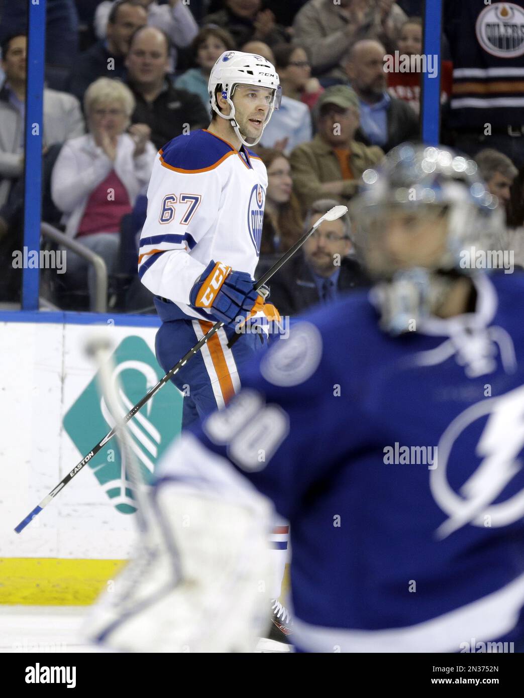 Edmonton Oilers left wing Benoit Pouliot (67) celebrates after scoring ...