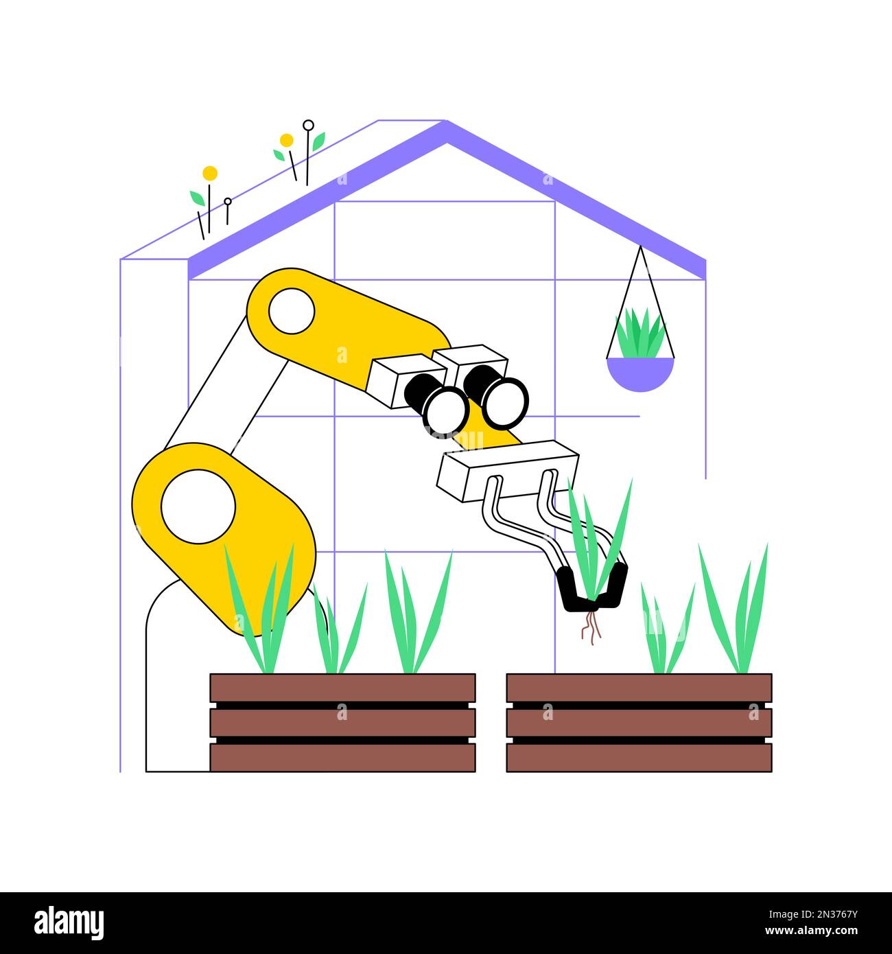 Robotic greenhouse isolated cartoon vector illustrations. Robot picking ...
